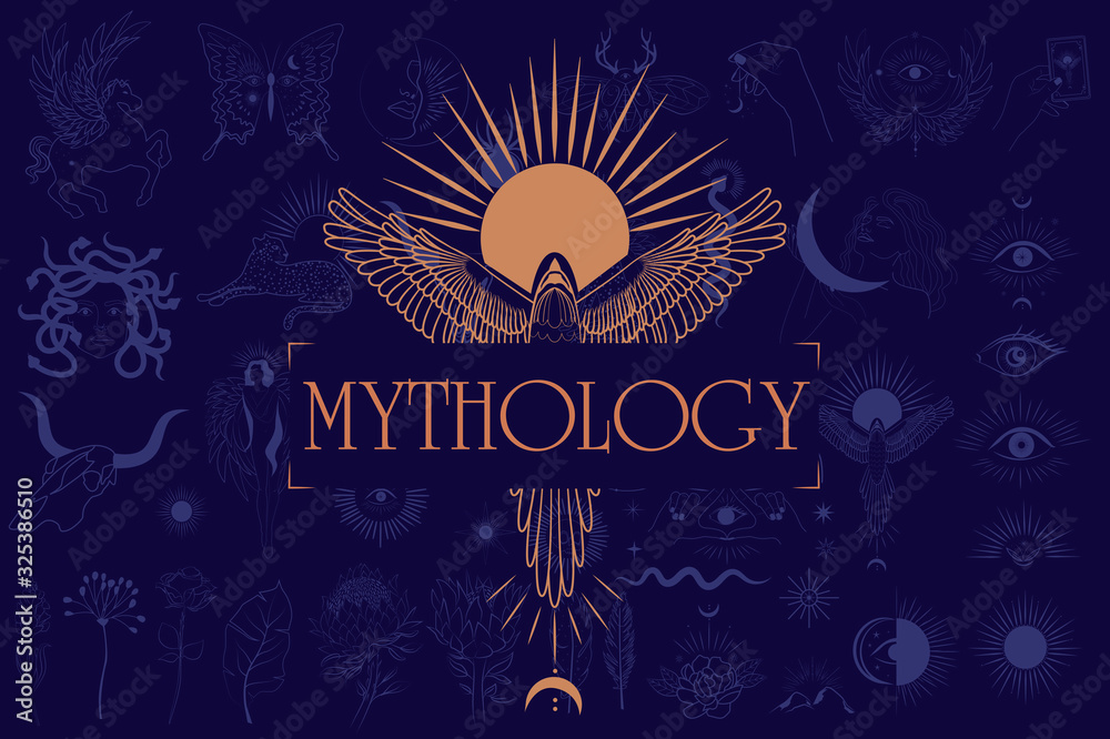 Mythology and mystical poster illustrations in hand drawn style with ...