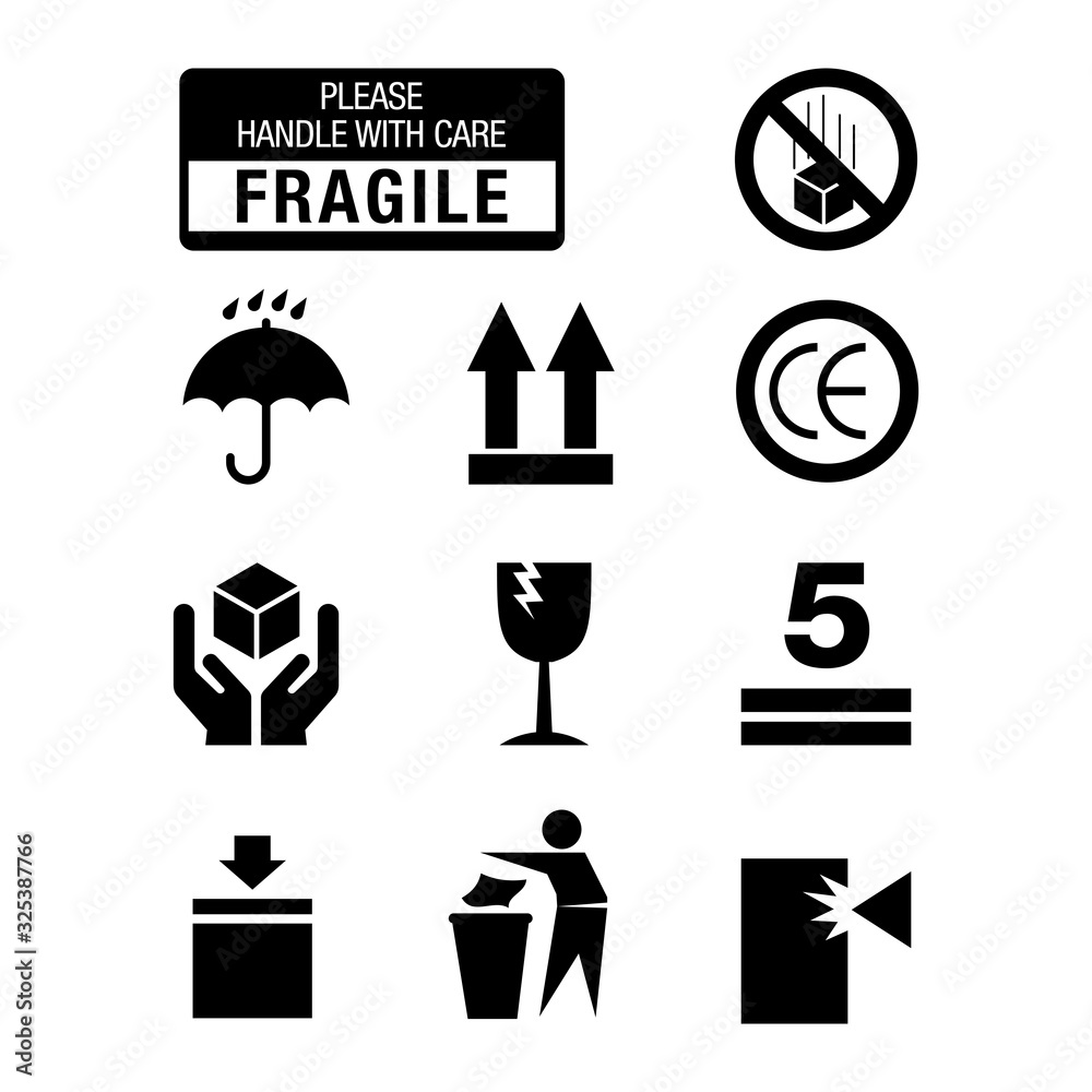 collection of warning signs on cardboard boxes or packaging of goods ...