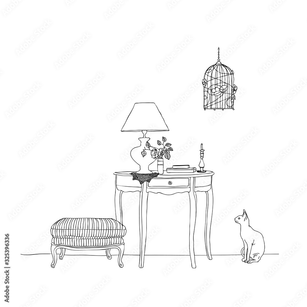 Drawing the interior of the room, a chair, a vase of flowers and a lamp ...