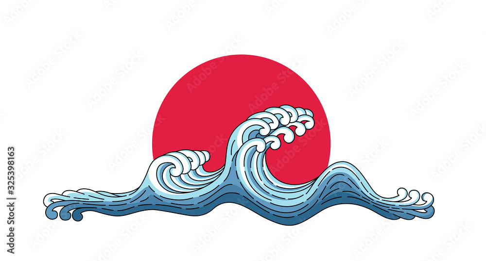 Japan wave and big red sun. Japanese oriental style vector art ...