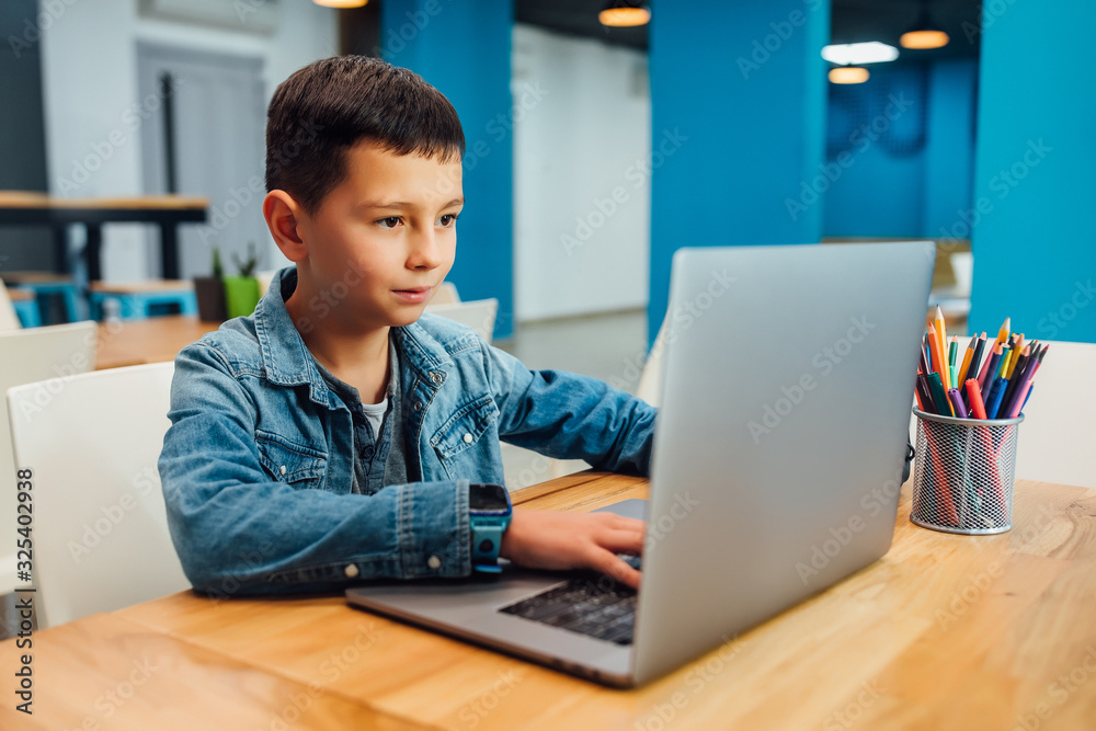 Child boy using internet, concentrated boy with laptop doing homework ...