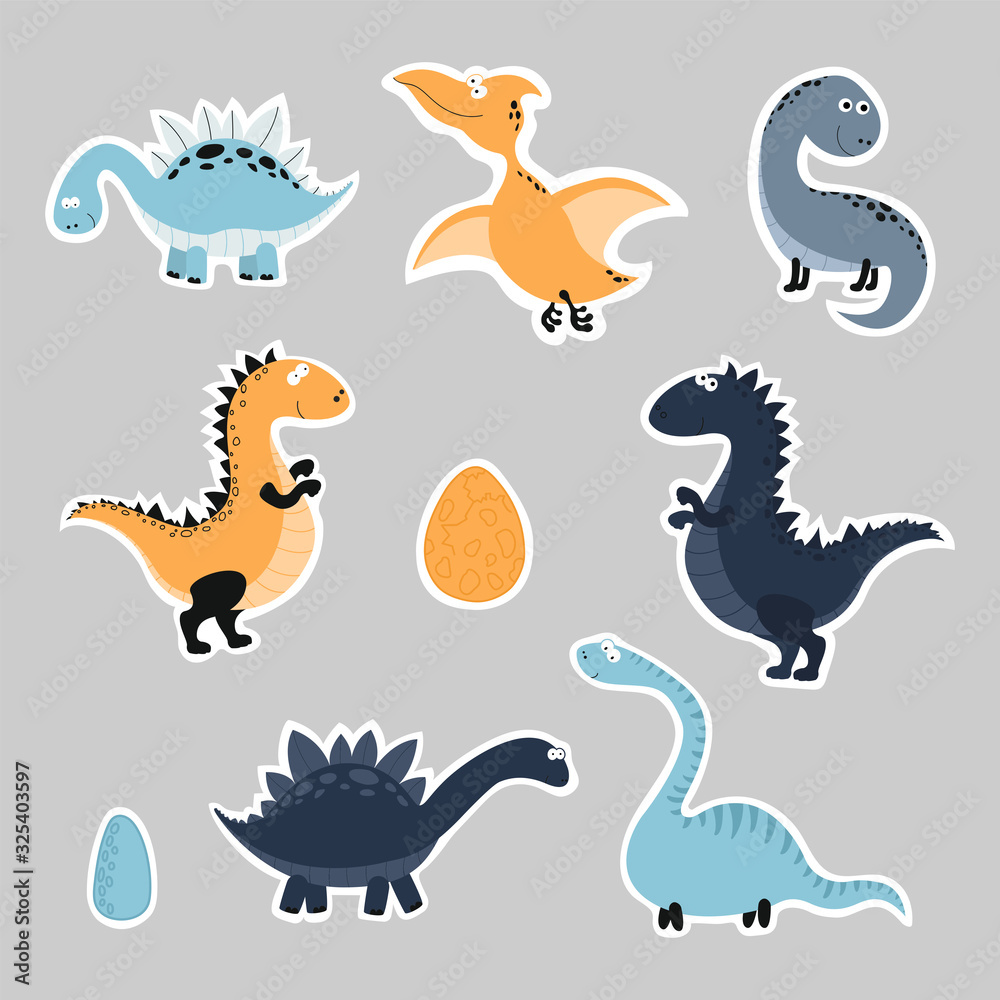 Collection of dinosaur stickers in cartoon style. Vector illustration ...
