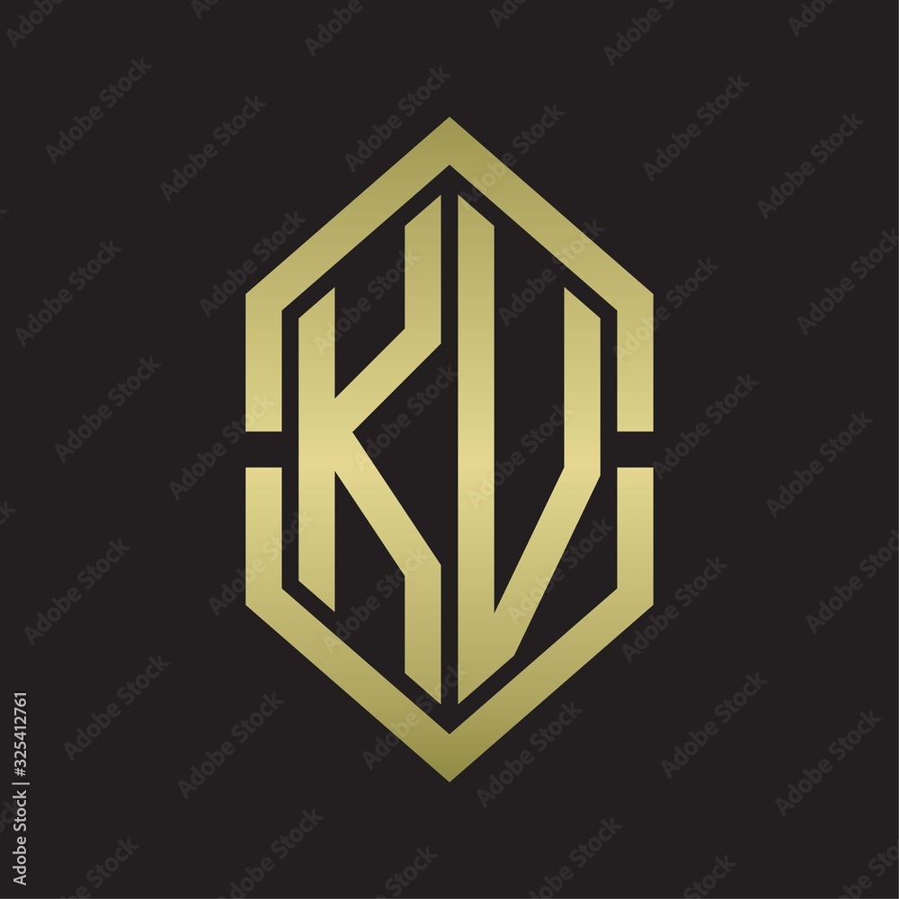 KV Logo monogram with hexagon shape and outline slice style with gold ...