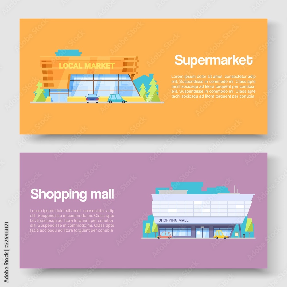 Shopping mall and supermarket banners set vector illustration ...