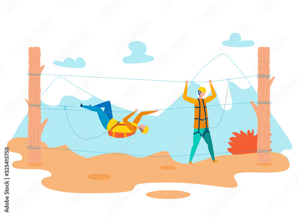 Adventure Park Recreation Flat Vector Illustration. Climbing Training ...