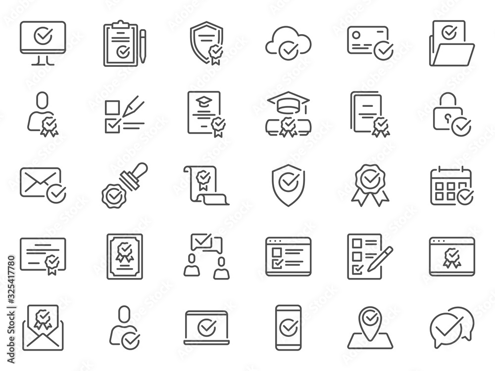 Check mark line icons. Quality standard marks, confirmed symbols and ...