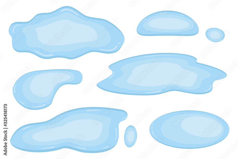 Water puddle set in cartoon style. Liquid puddle isolted on white ...