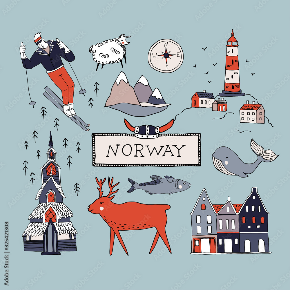 Norway culture elements set. Hand drawn vector illustration of Nordic ...