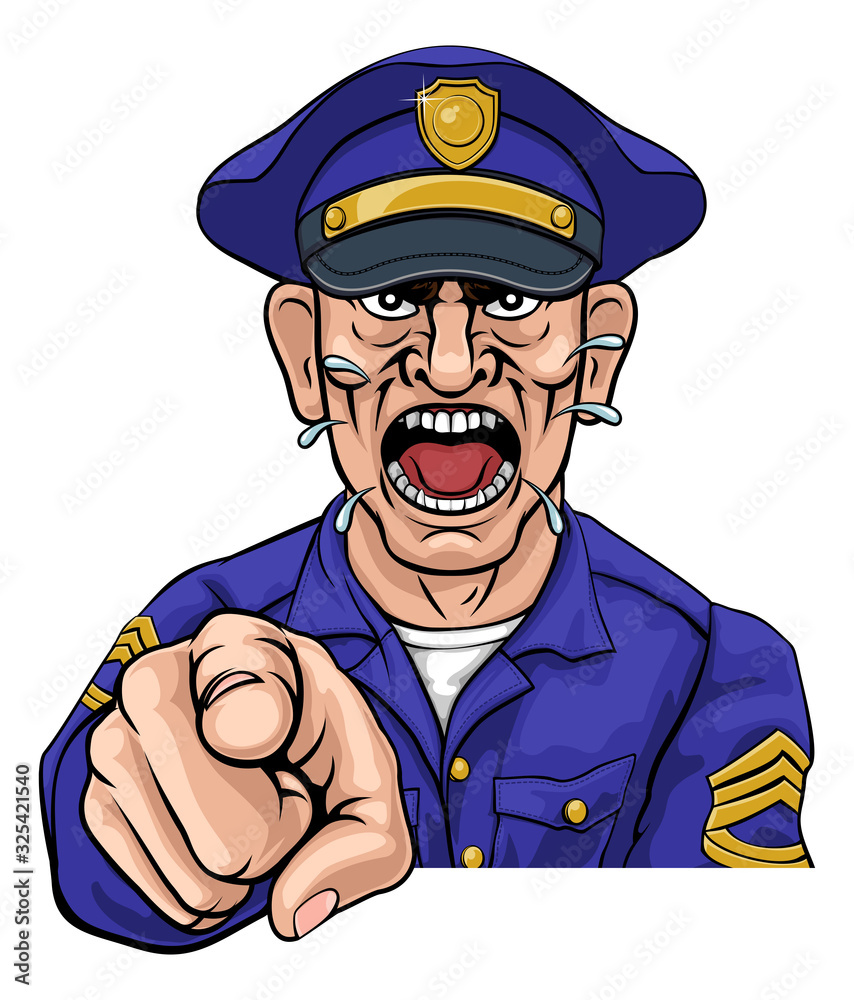 An angry policeman police officer pointing at the viewer and shouting ...