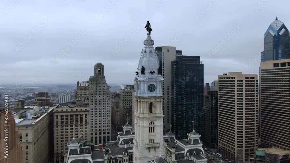 Philadelphia's City Hall clocktower with Willian Penn statue, aerial ...