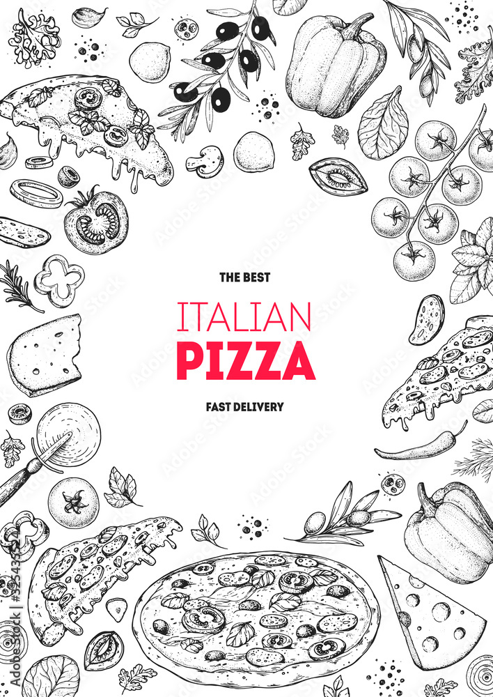 Italian pizza and ingredients. Italian food menu design template ...