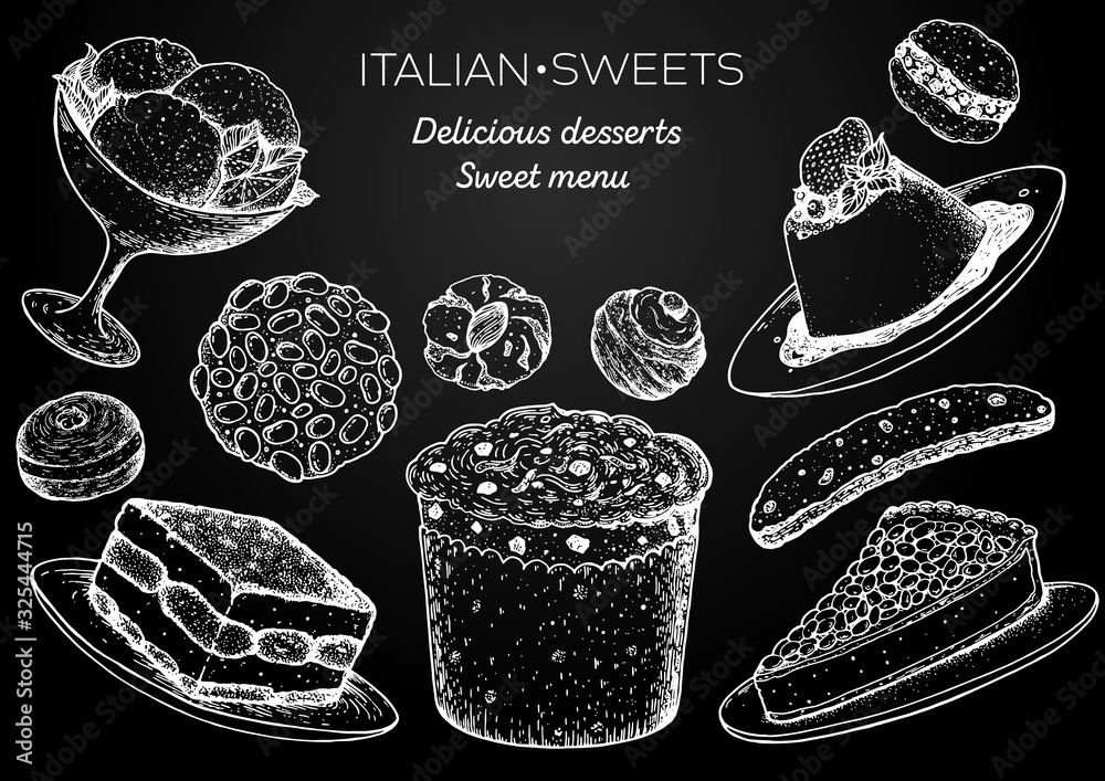 Italian dessert vector illustration. Italian food hand drawn sketch ...