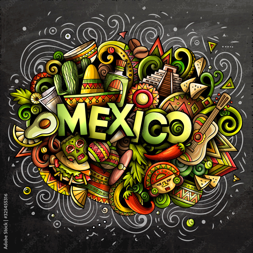 Mexico hand drawn cartoon doodles illustration. Funny design. Stock ...