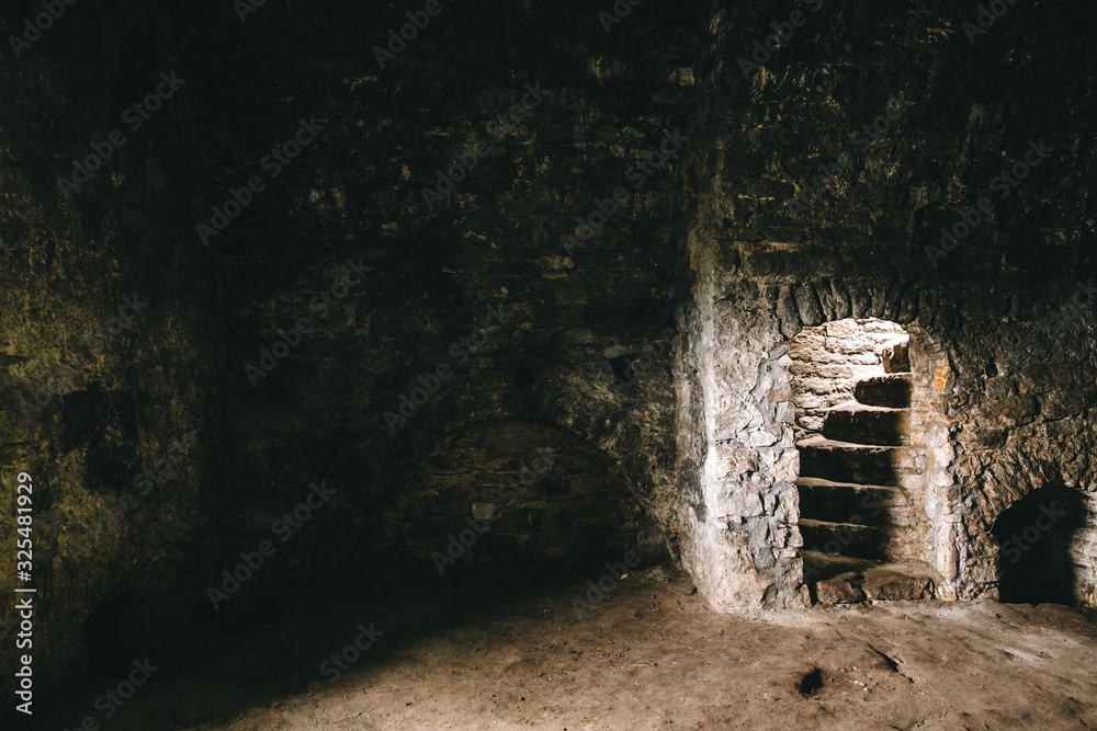 Inside of ruins of Chortkiv castle, Ukraine. Destroyed ruined brick ...