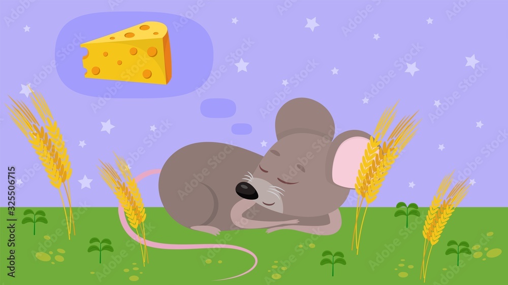 Sleeping hungry old mouse vector illustration flat style. Cute small ...