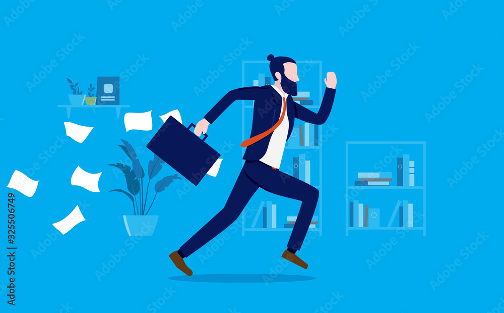 Man running in office - Modern businessman rushing out of office with ...