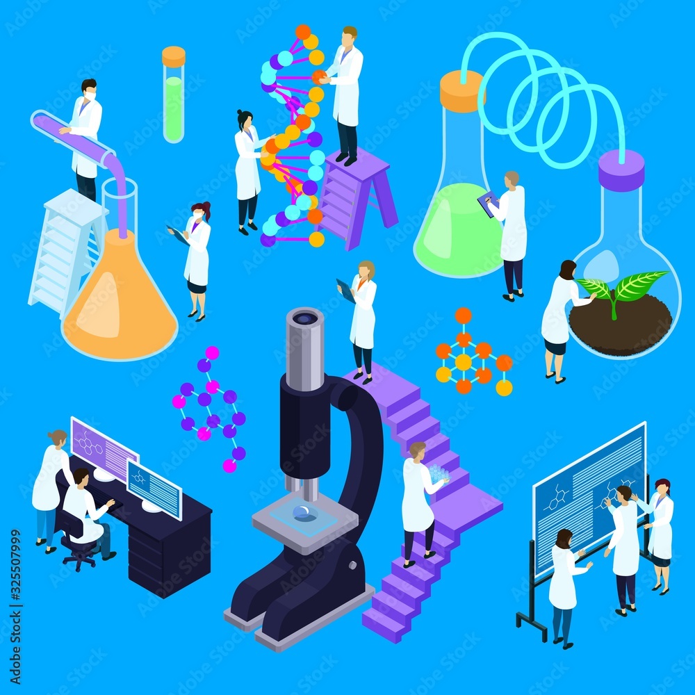 Vetor de People in lab isometric vector set scientists, professional chemists and medical ...