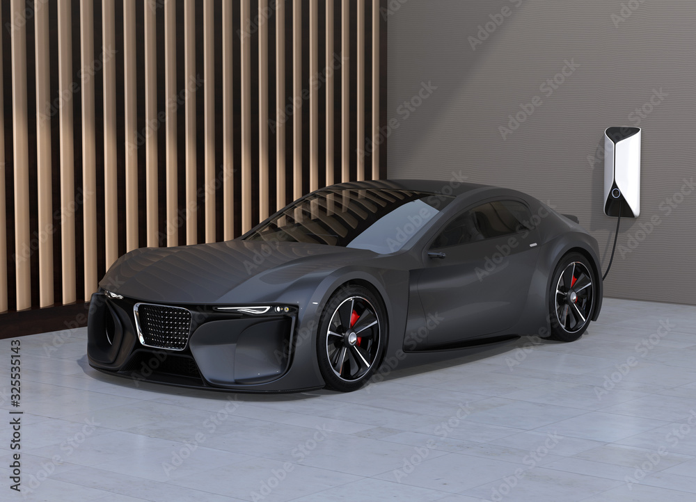 Electric sports car connect to power supply at home. Sustainable ...