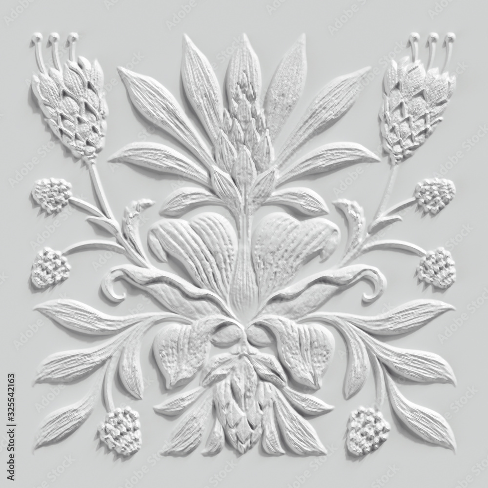 Zdjęcie Stock: 3d render, white floral carving, gypsum wall decor ...