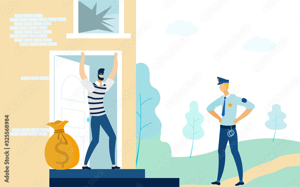 Policeman in Uniform Looking at Robber or Burglar near Broken with Big ...