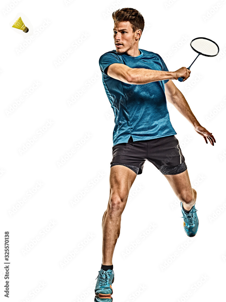 Badminton player young man isolated white background Stock Photo ...