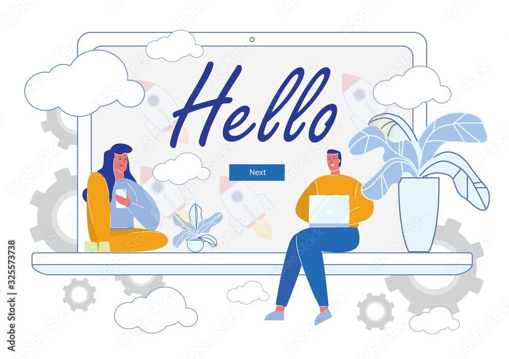 Hello Page with People Cartoon Characters Working Together on Laptop ...