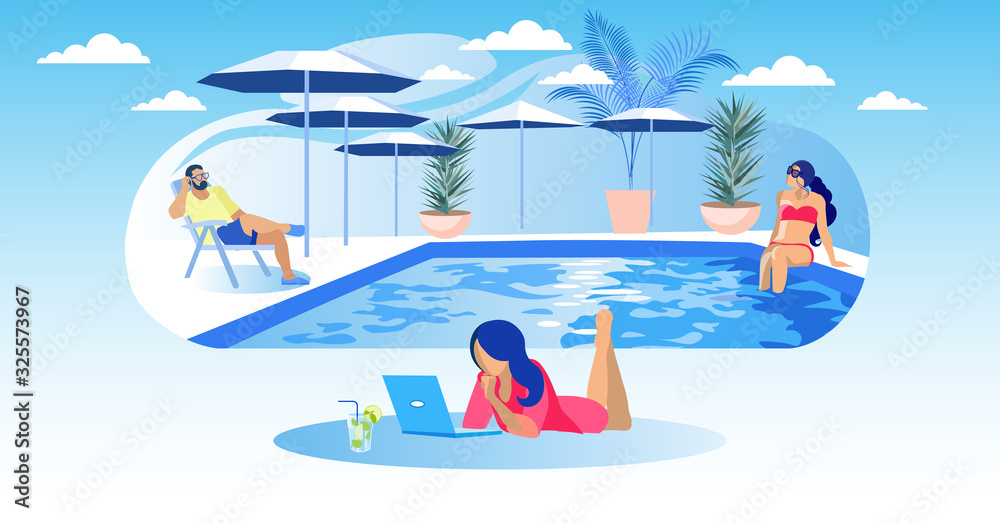 Woman with Laptop and Cocktail Lies on Pool Background. People Relaxing ...
