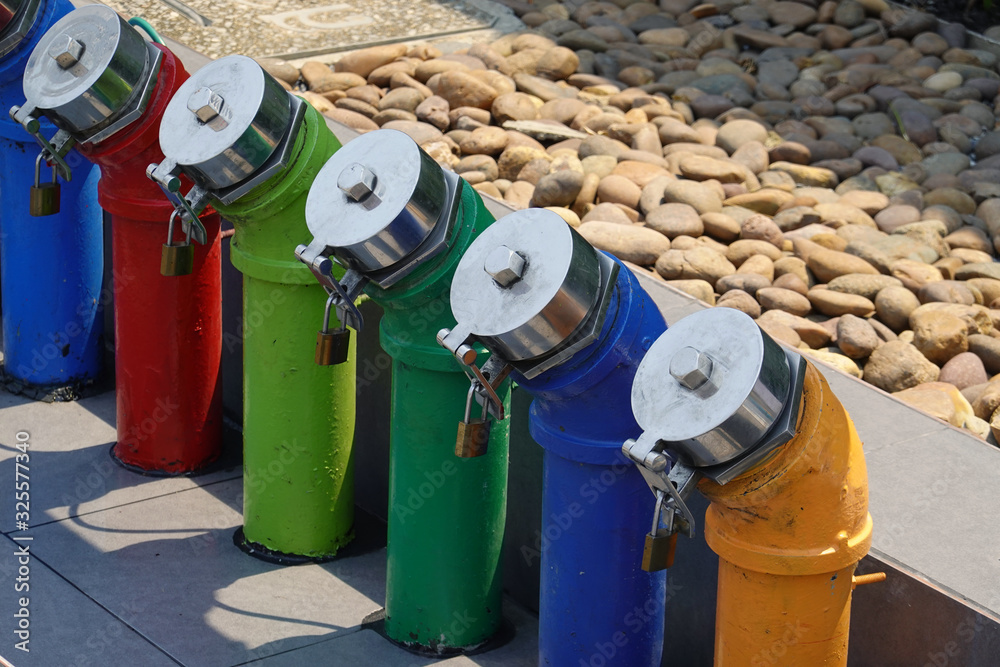 Oil distribution pipe in service station. Colorful pipe for classify of ...