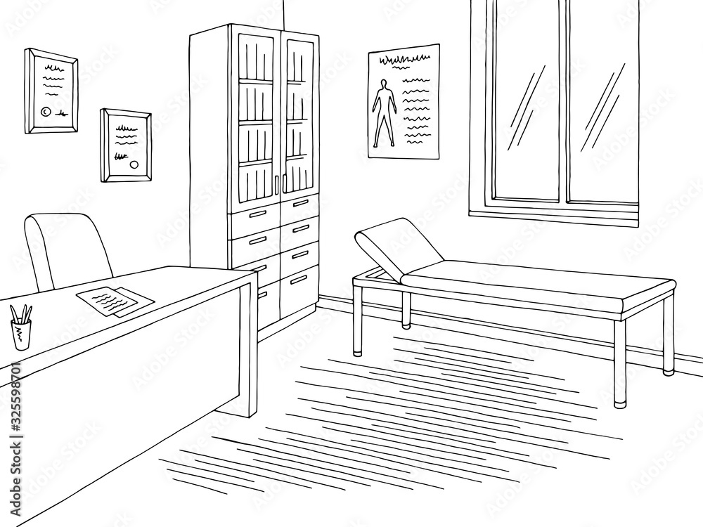 Doctor office graphic black white interior sketch illustration vector ...