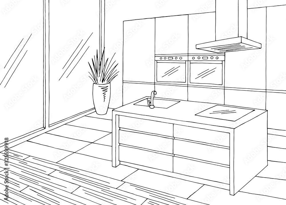 Kitchen room graphic black white home interior sketch illustration ...