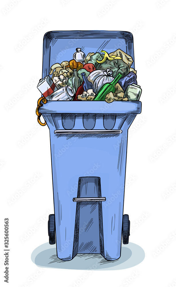 Overloaded trash bin, full color sketch hand drawn Stock Vector | Adobe ...
