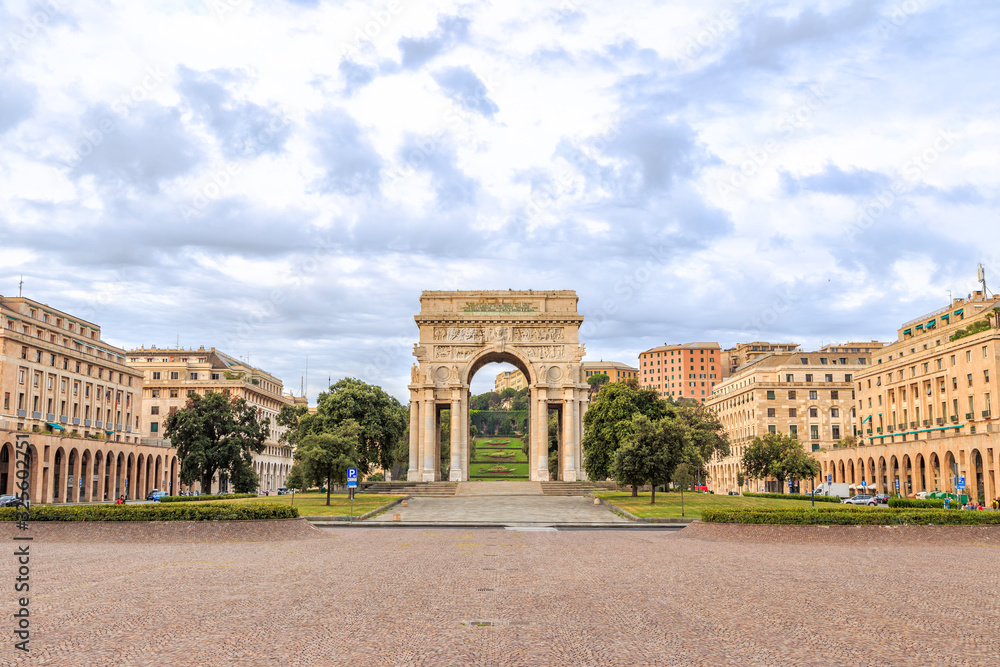 Italy, Genoa. Arch of Victory. Text in EN: GENOA. THE SONS DEAD FOR THE ...