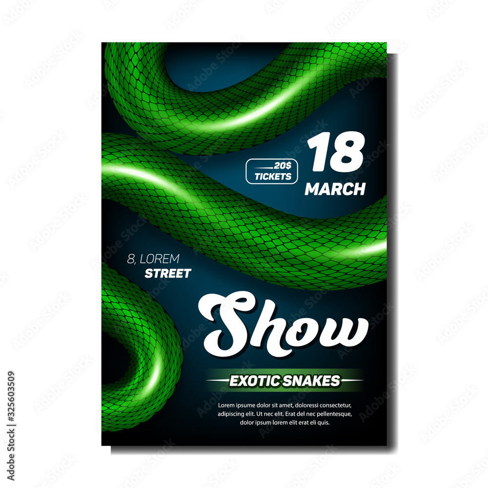 Exotic Snakes Show Stylish Advertise Poster Vector. Green Snakes With ...