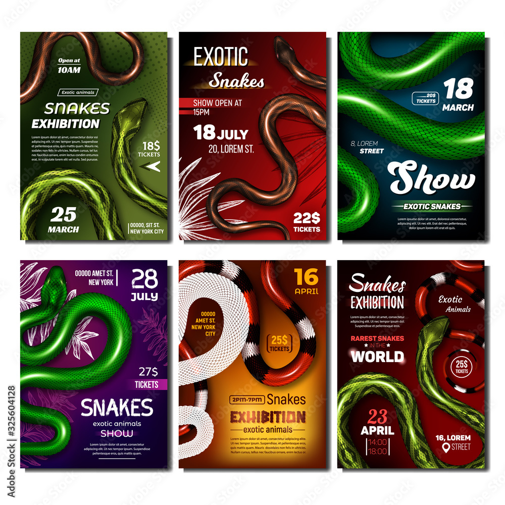 Exotic Snakes Show Advertising Banners Set Vector. Collection Of ...