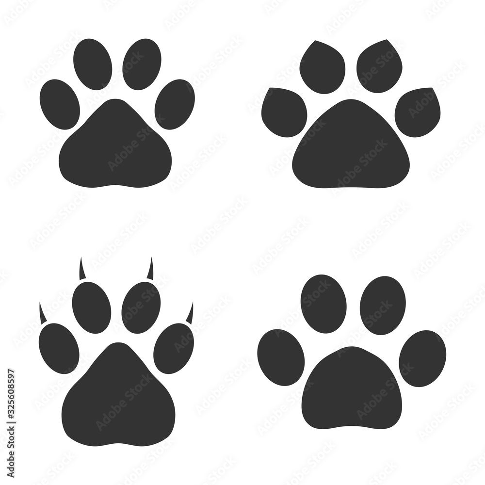 Set of animal paws in gray. Different animal paw print vector ...
