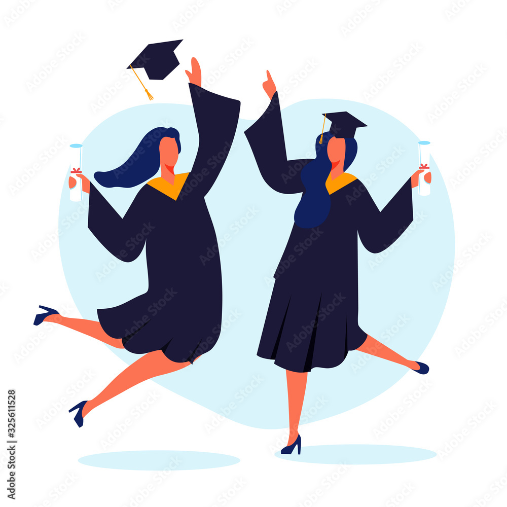 Happy Female Graduates Flat Vector Illustration. Joyful Girls in Mortar ...