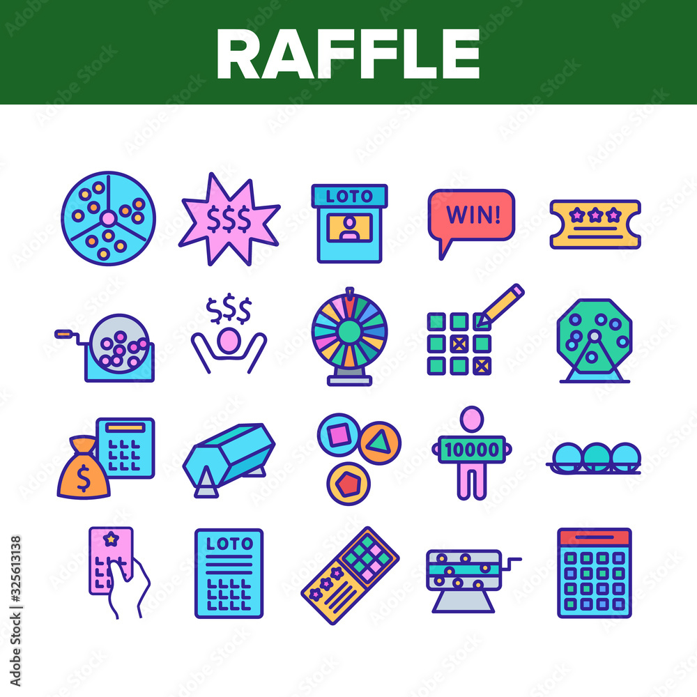 Raffle Gamble Lottery Collection Icons Set Vector. Raffle Ticket And ...