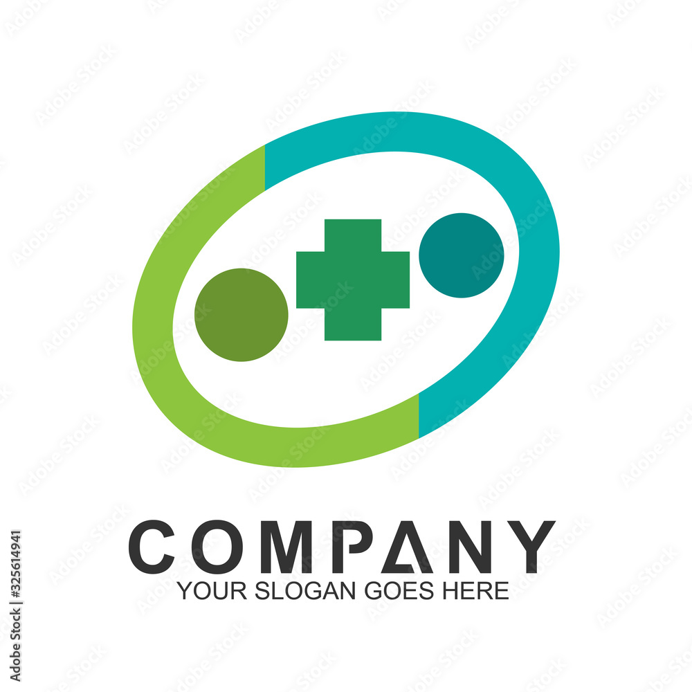 two people in oval shape with medical cross, healthy family logo ...