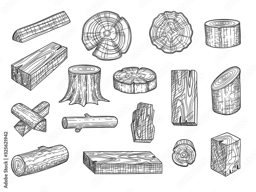 Lumber. Wooden trunks branch oak stacked log from tree vector hand ...