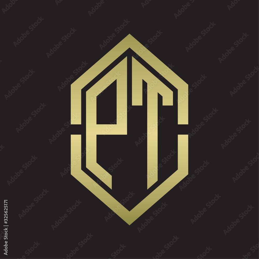 PT Logo monogram with hexagon shape and outline slice style with gold ...
