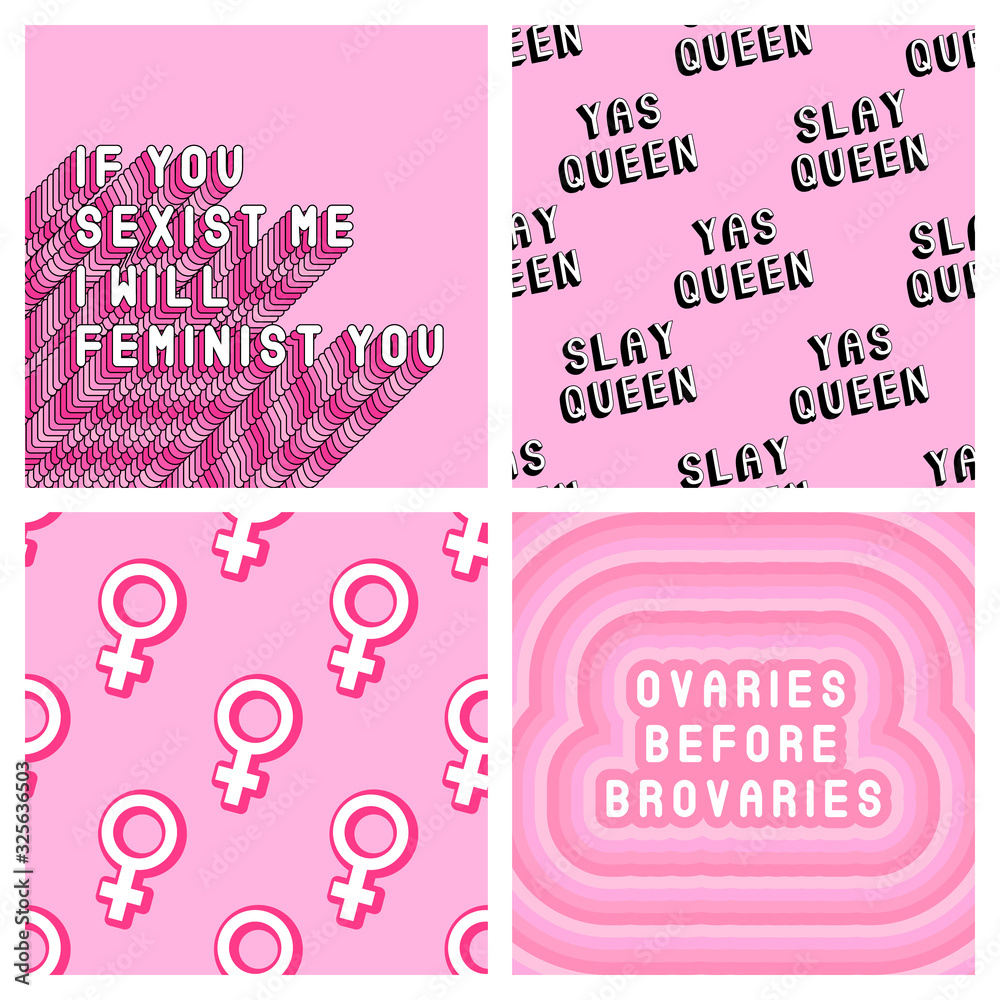 Set of 2 feminist seamless patterns and 2 vector prints. Feminine ...