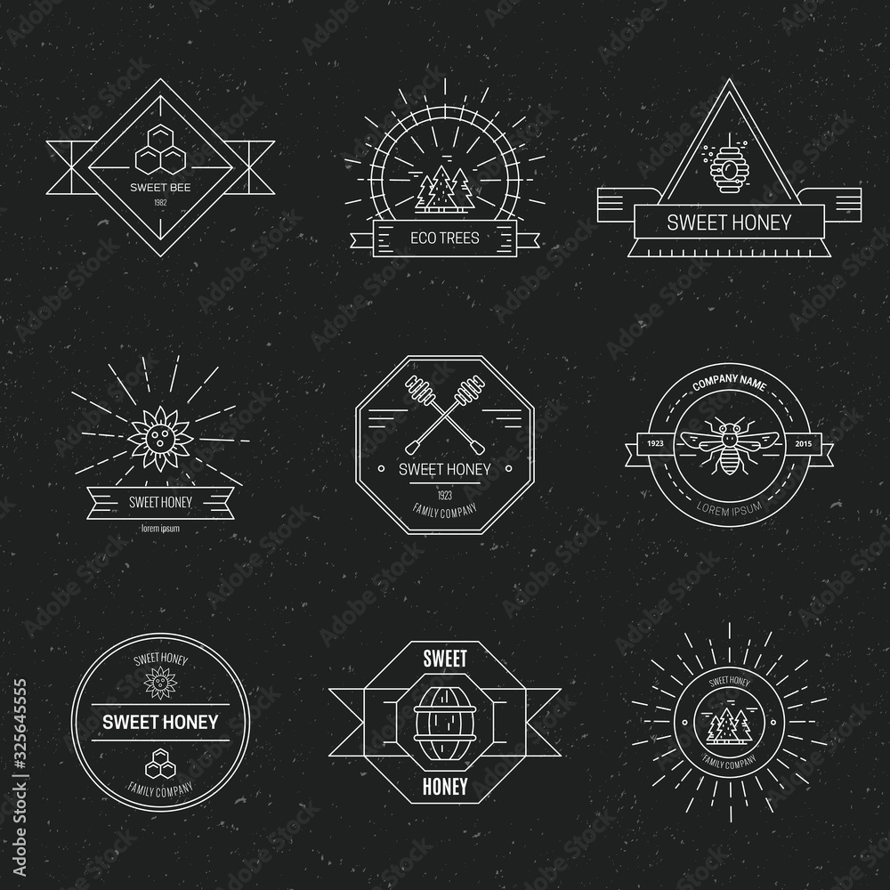 Apiary themed linear logotypes vector templates set. Bee factory ...