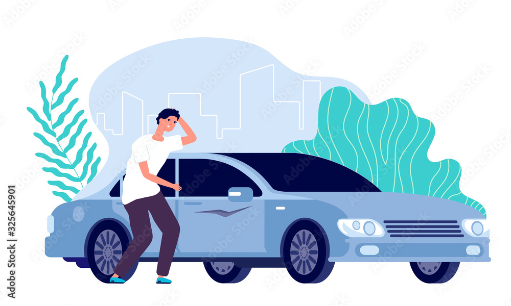 Scratched car. Man worried, auto needs repair. Disappointed businessman ...