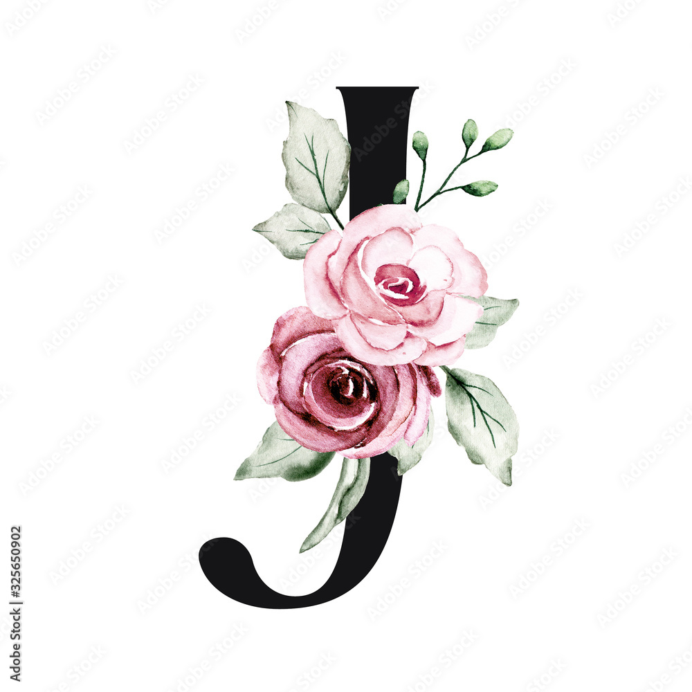 Letter j, monogram, initial with watercolor flowers roses and leaf ...
