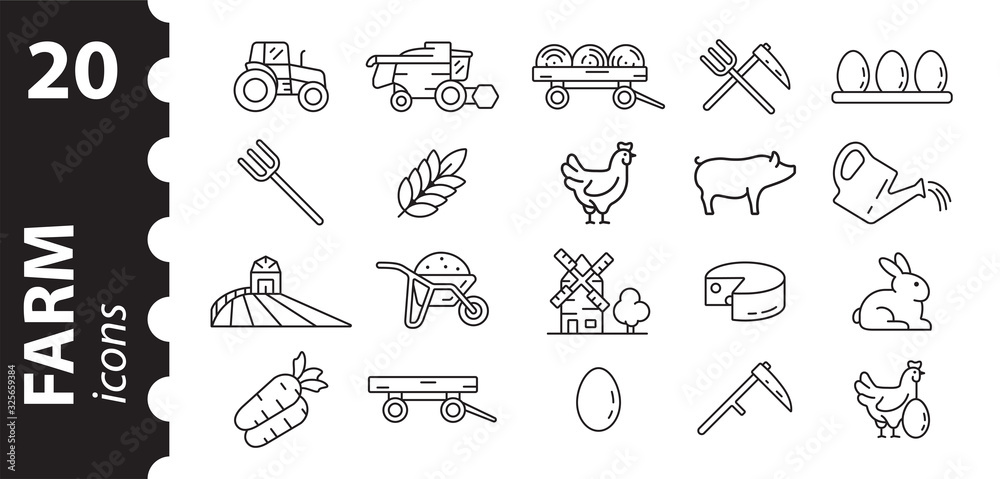 Farm icon set. Linear symbols of animals, plants, tractor, harvester ...