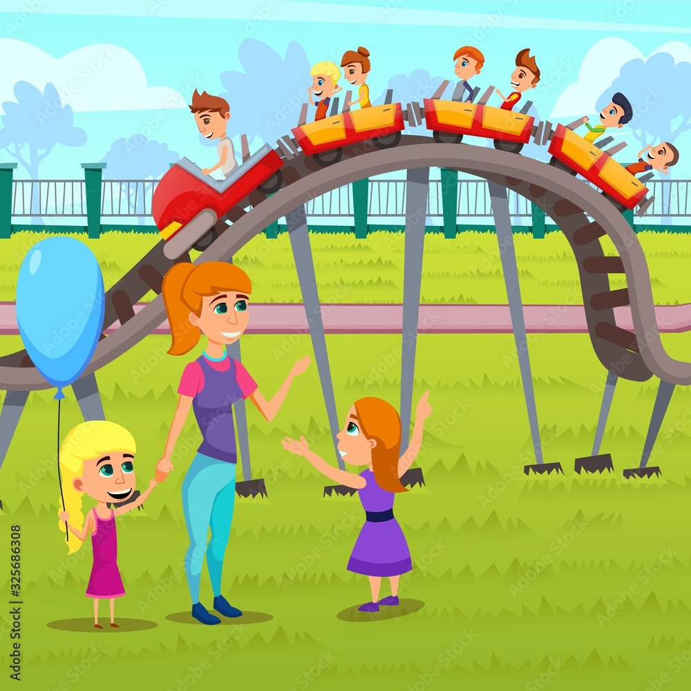 Bright Poster Children Attractions Cartoon Flat. Park has Attractions ...