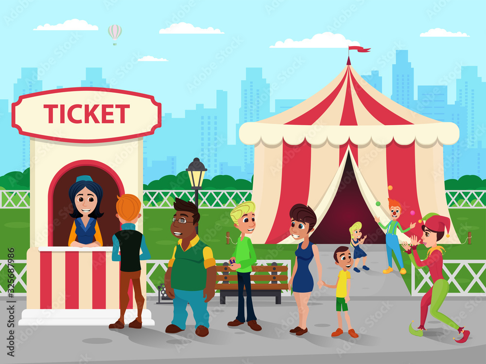Ticket Booth at Circus. Seller in Open Window, Diverse Adult People and ...