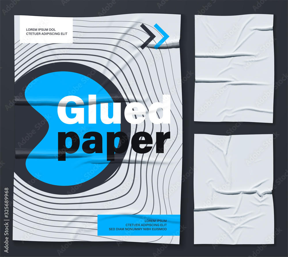 Mockup of white glued wrinkled poster. Set of vector realistic crumpled ...
