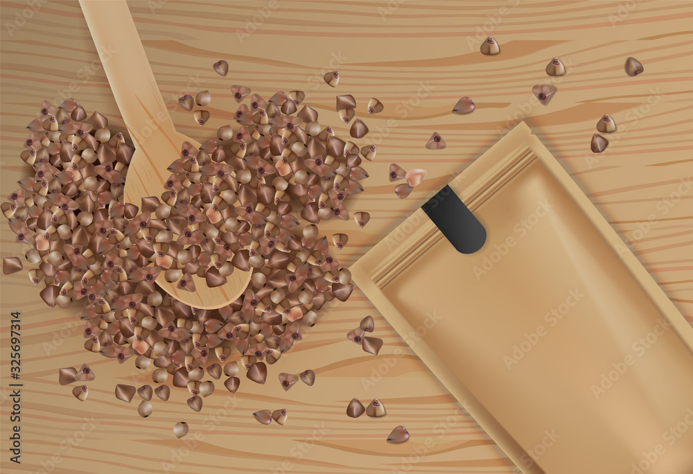 Buckwheat spread vector realistic top view. Product packaging design ...