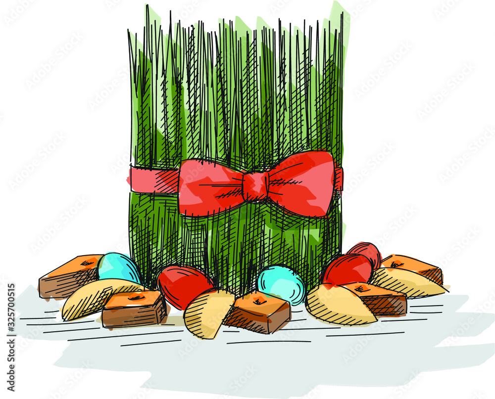 Colorful sketch of Khoncha for Nowruz Holiday. Samani decorated with ...